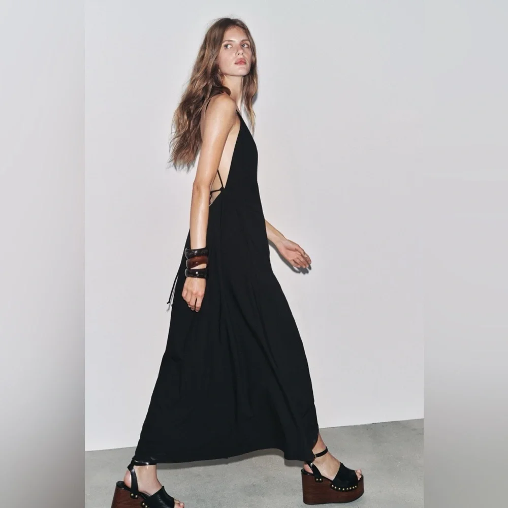 Zara | Dresses | Zara Elegant Black Evening Maxi Flowy Dress Gown Party ...
